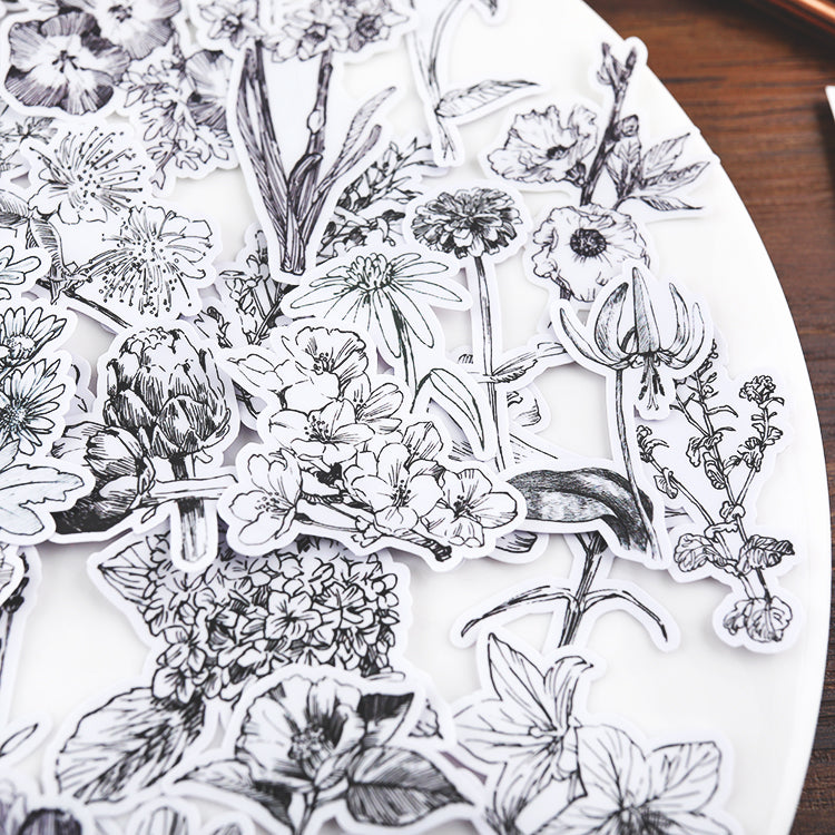 Black and White Flower Stickers 52PCS for Scrapbook and Junk Journal ...